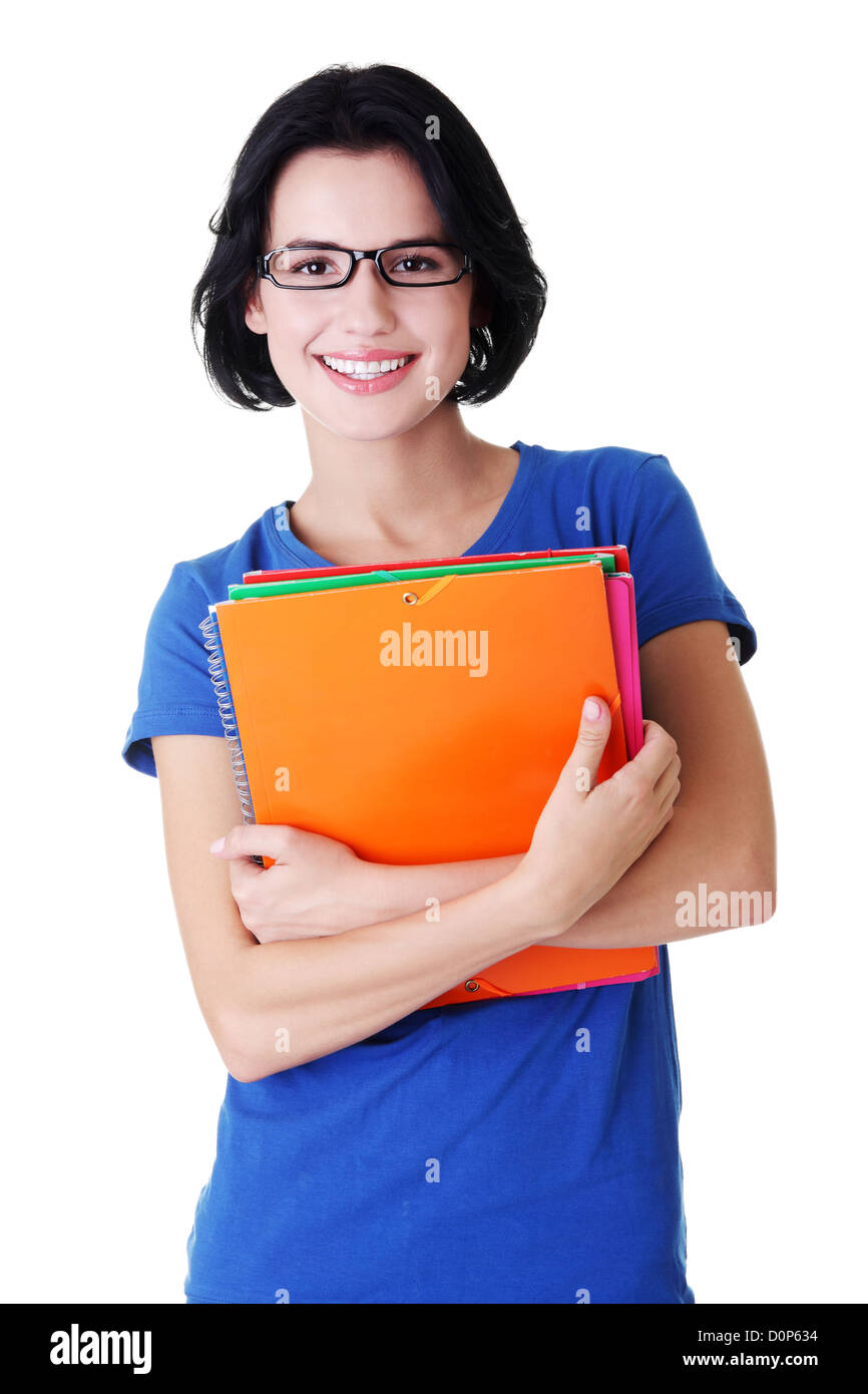 Happy student woman with notebooks, isoalted on white background Stock ...