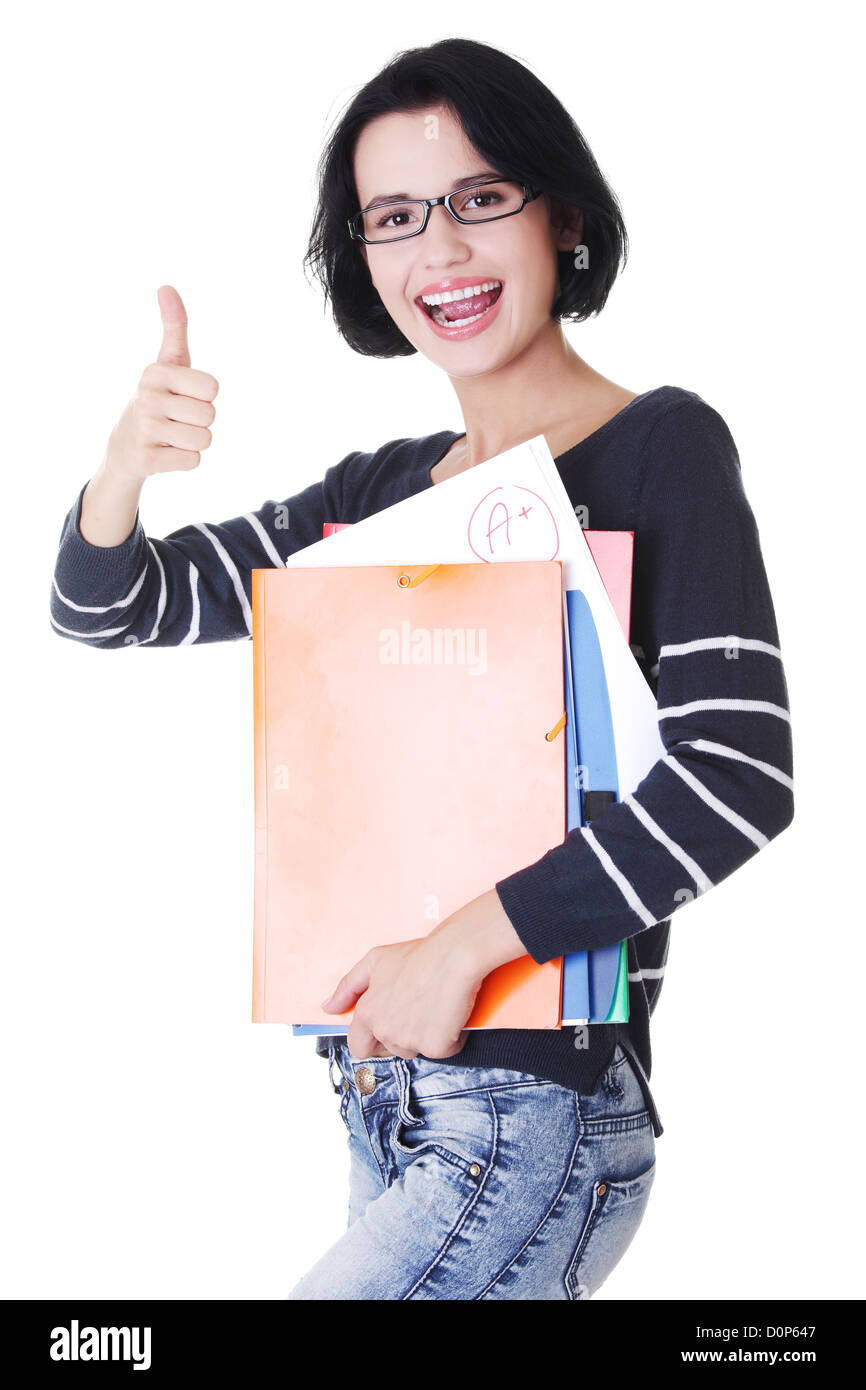 Happy student woman with notebooks showing ok gesture, isoalted on ...