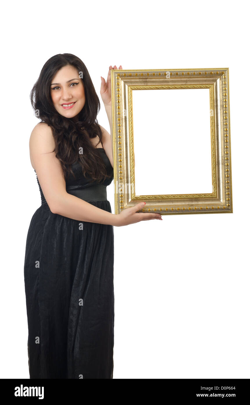 Woman with picture frame on white Stock Photo - Alamy