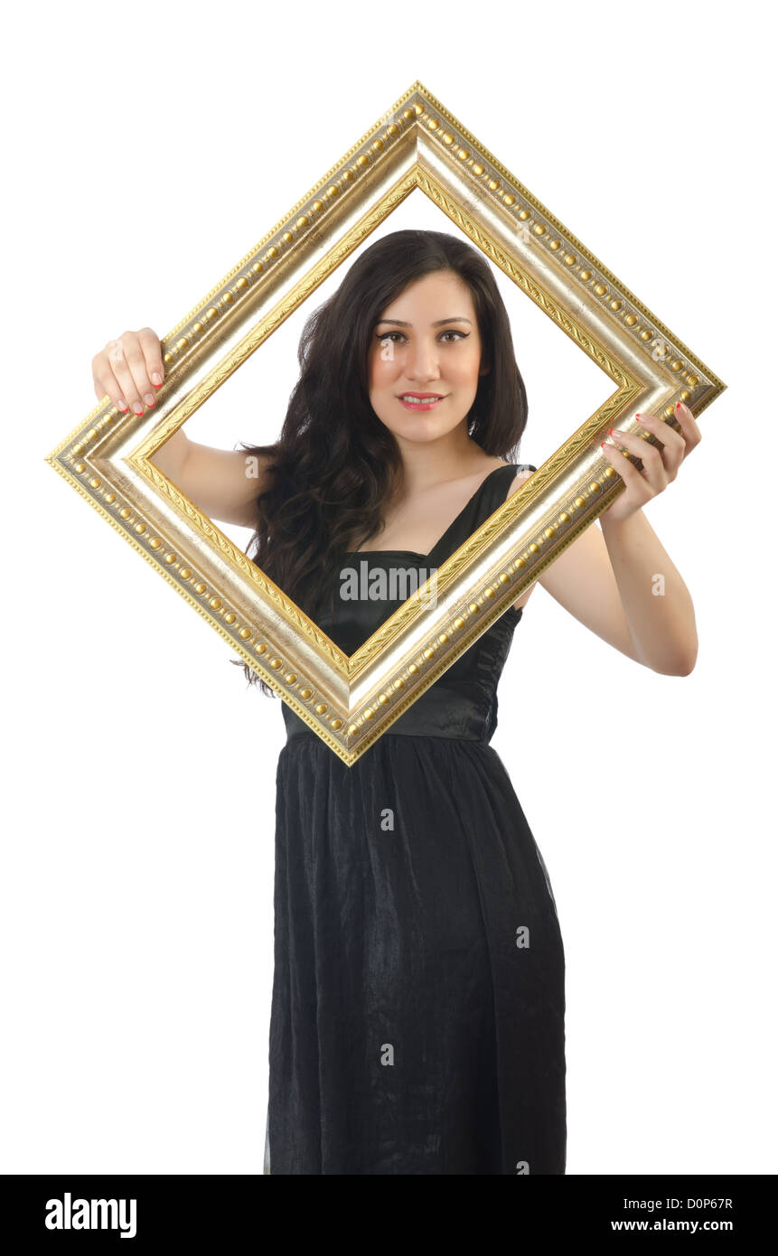 Woman with picture frame on white Stock Photo - Alamy