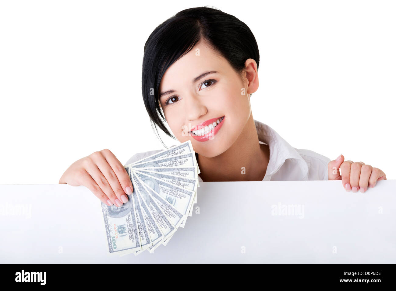 Business woman with blank sign board holding money. Isolated Stock ...