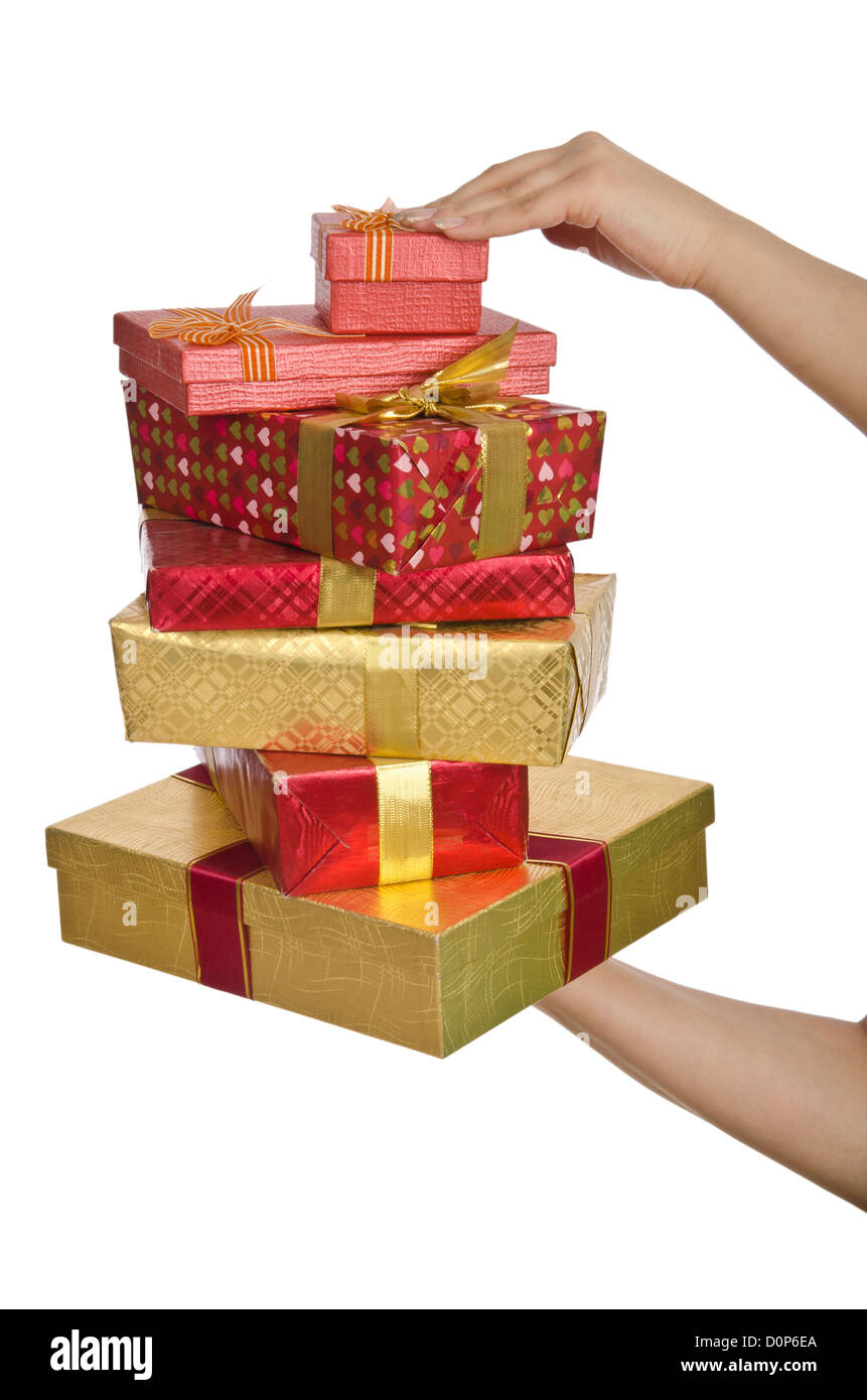 Hand holding stack of giftboxes Stock Photo - Alamy