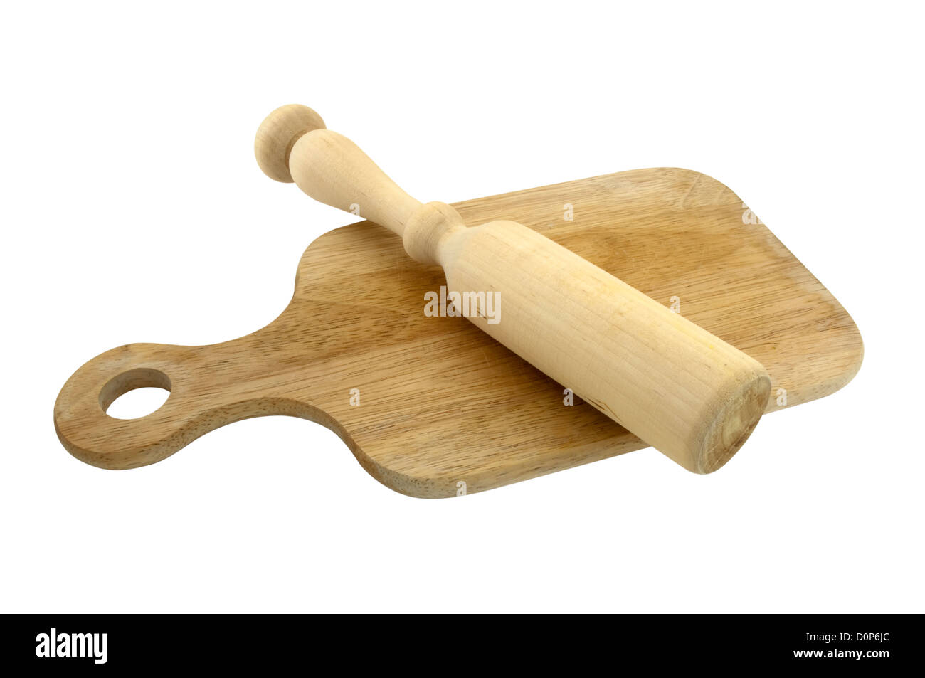 Wooden rolling pin on cutting board. Isolated on white Stock Photo - Alamy