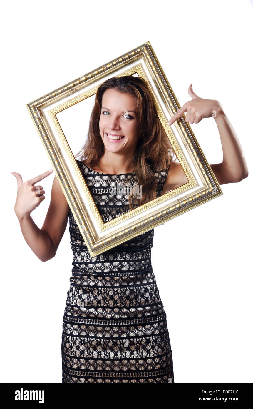 Young woman with picture frame on white Stock Photo - Alamy