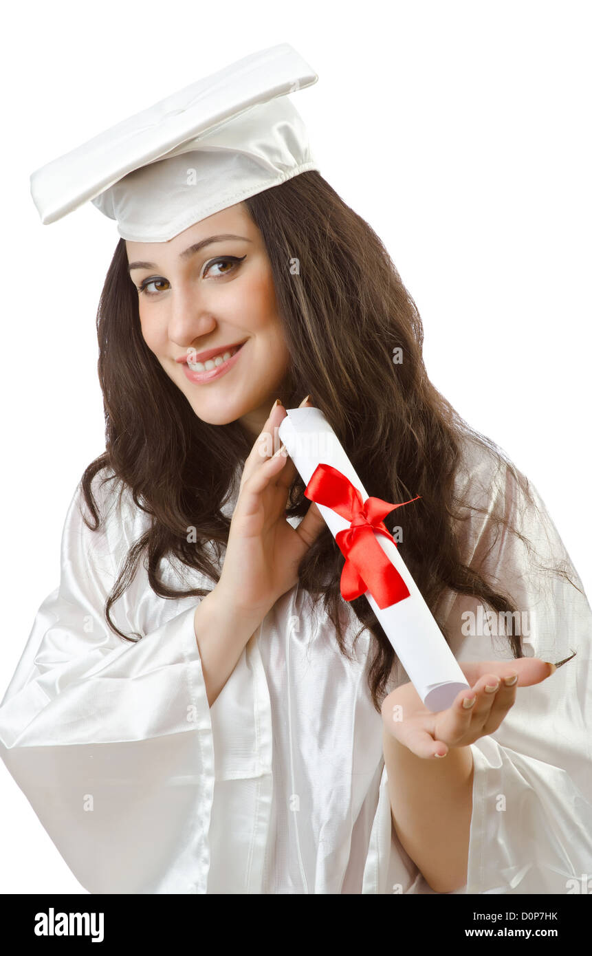 Happy student celebrating graduation on white Stock Photo - Alamy