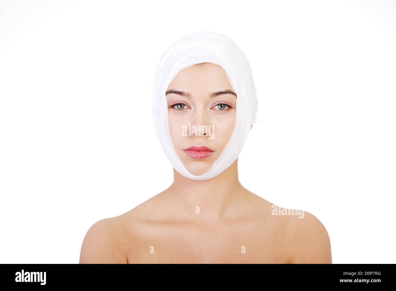 portrait of beautiful young female face with bandage - beauty treatment ...
