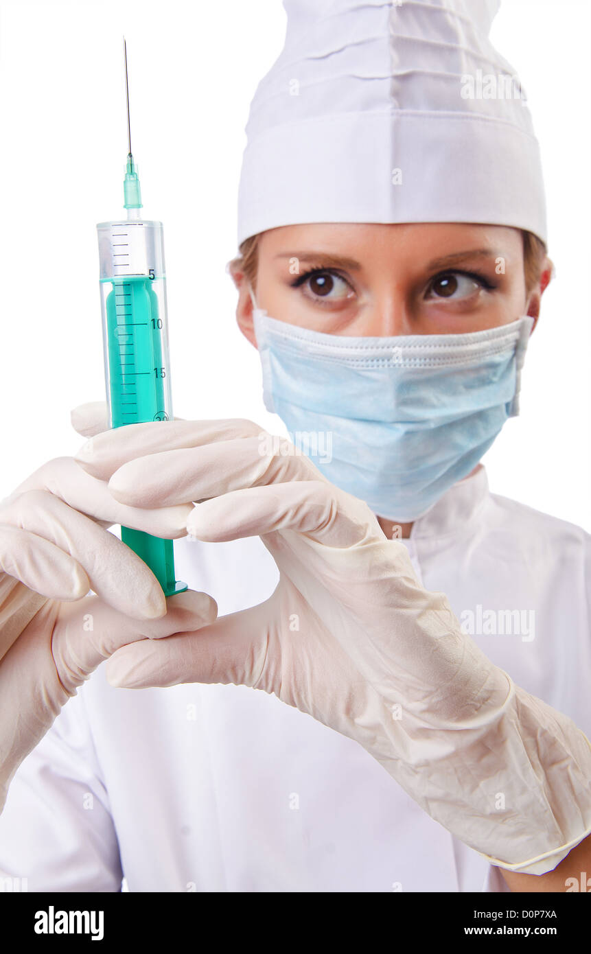 Woman doctor with syringe on white Stock Photo - Alamy