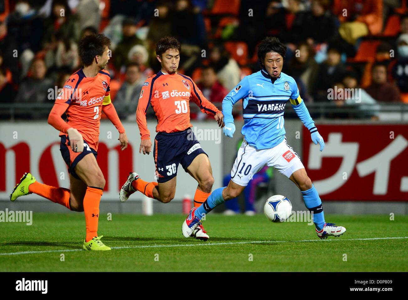 (L-R) Kosuke Kikuchi, Daisuke Watabe (Ardija), Hiroki Yamada (Jubilo ...