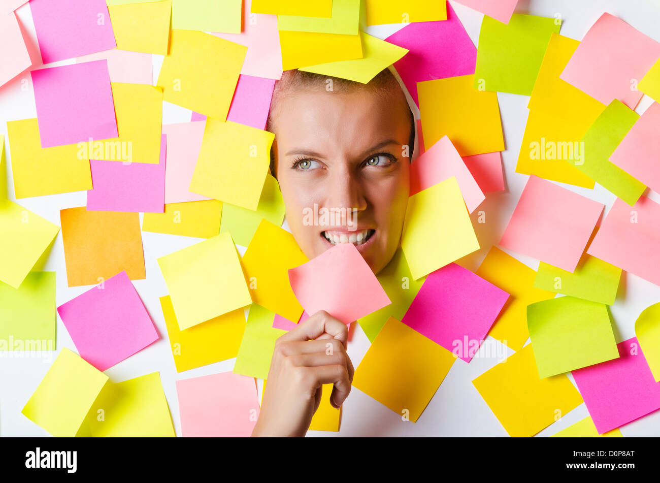 Woman with lots of reminder notes Stock Photo - Alamy
