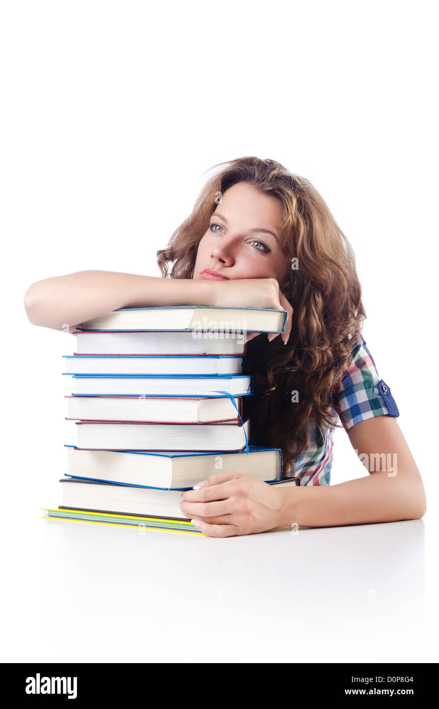 Student with lots of books on white Stock Photo - Alamy
