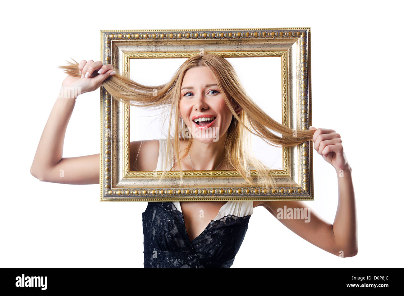 Woman with picture frames on white Stock Photo - Alamy
