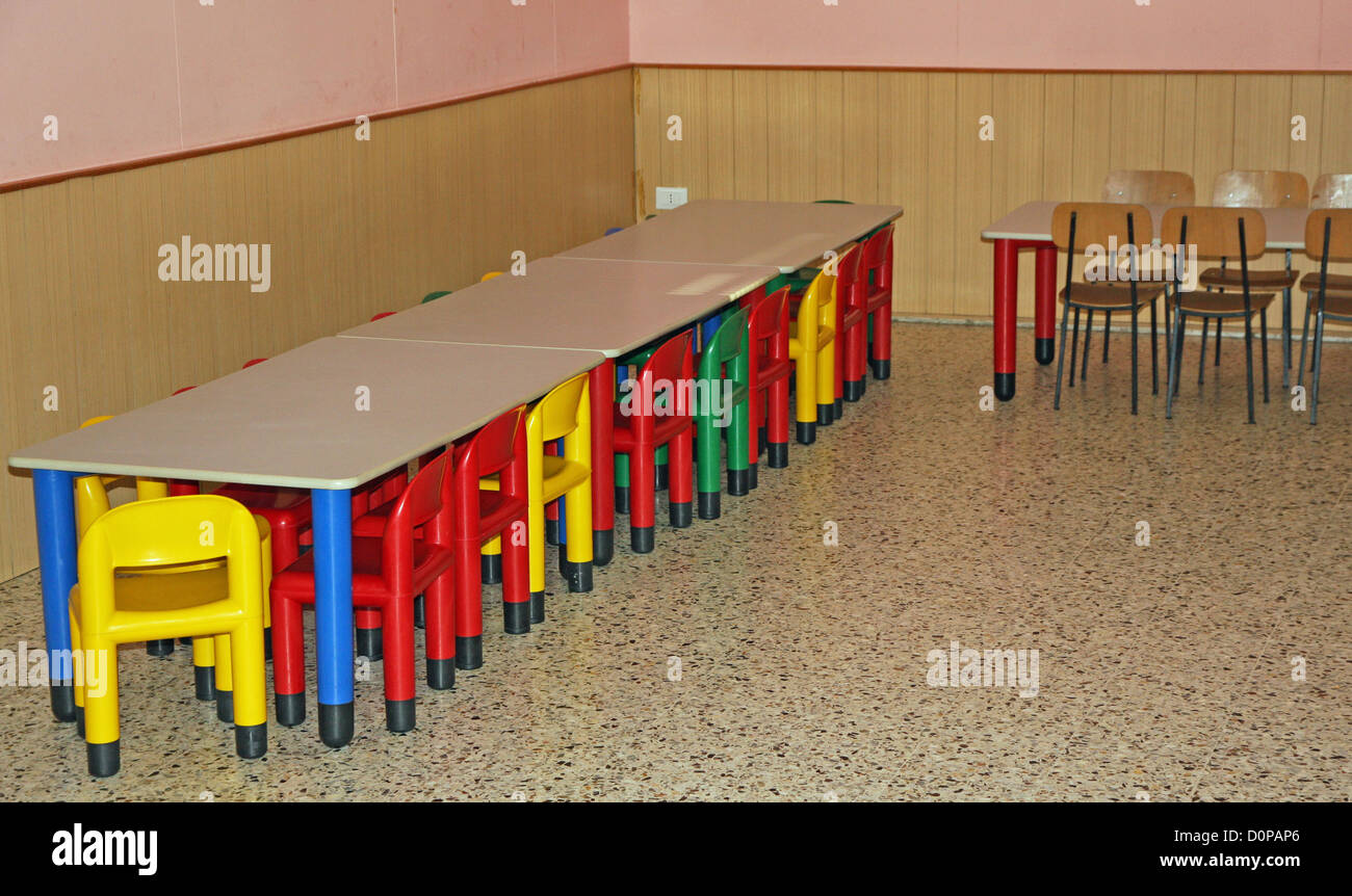 colorful chairs and tables in the canteen of the children of asylum ...