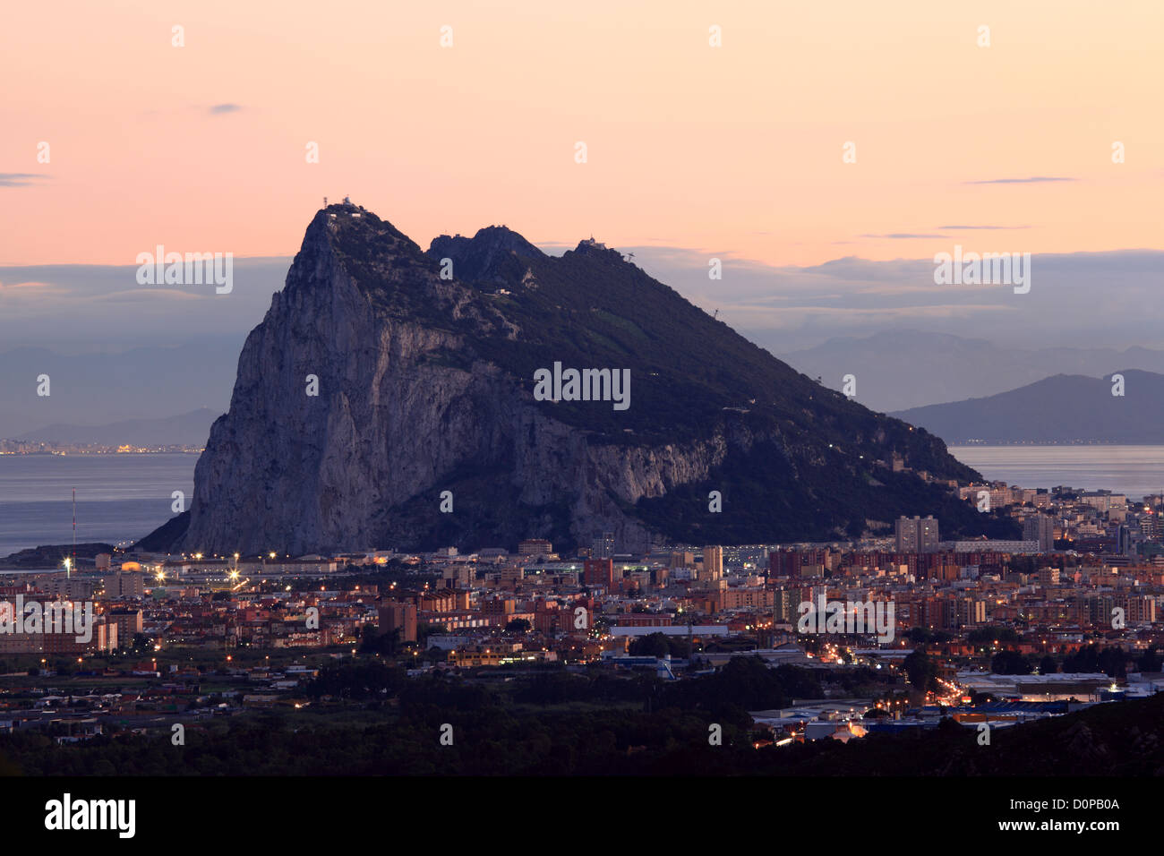 The Rock of Gibraltar and spanish town La Linea at night Stock Photo ...