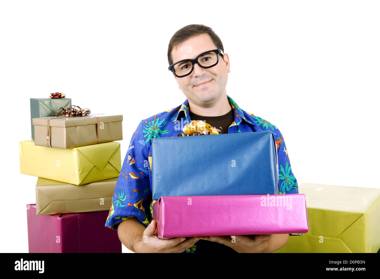 happy silly salesman with some boxes, isolated on white Stock Photo - Alamy