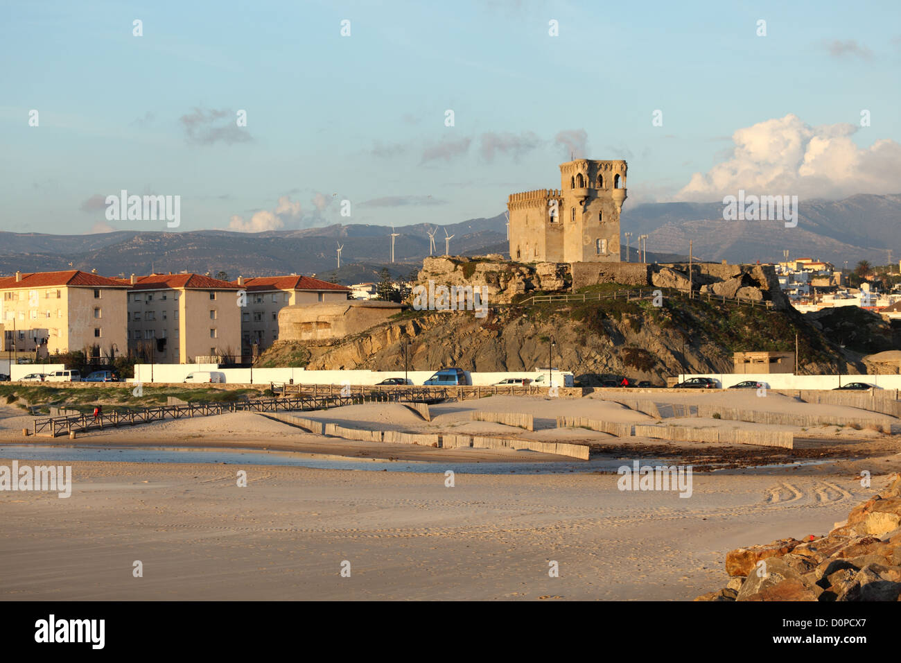 Beach and the ancient tower in Tarifa, Andalusia Spain Stock Photo - Alamy