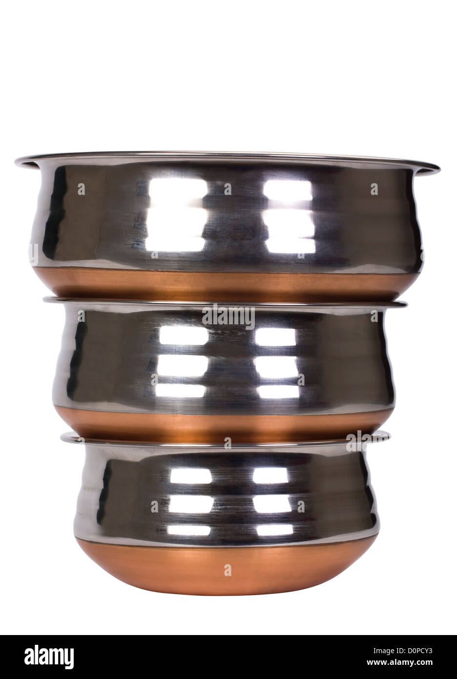 Close-up of a stack of stainless steel cooking pots Stock Photo - Alamy