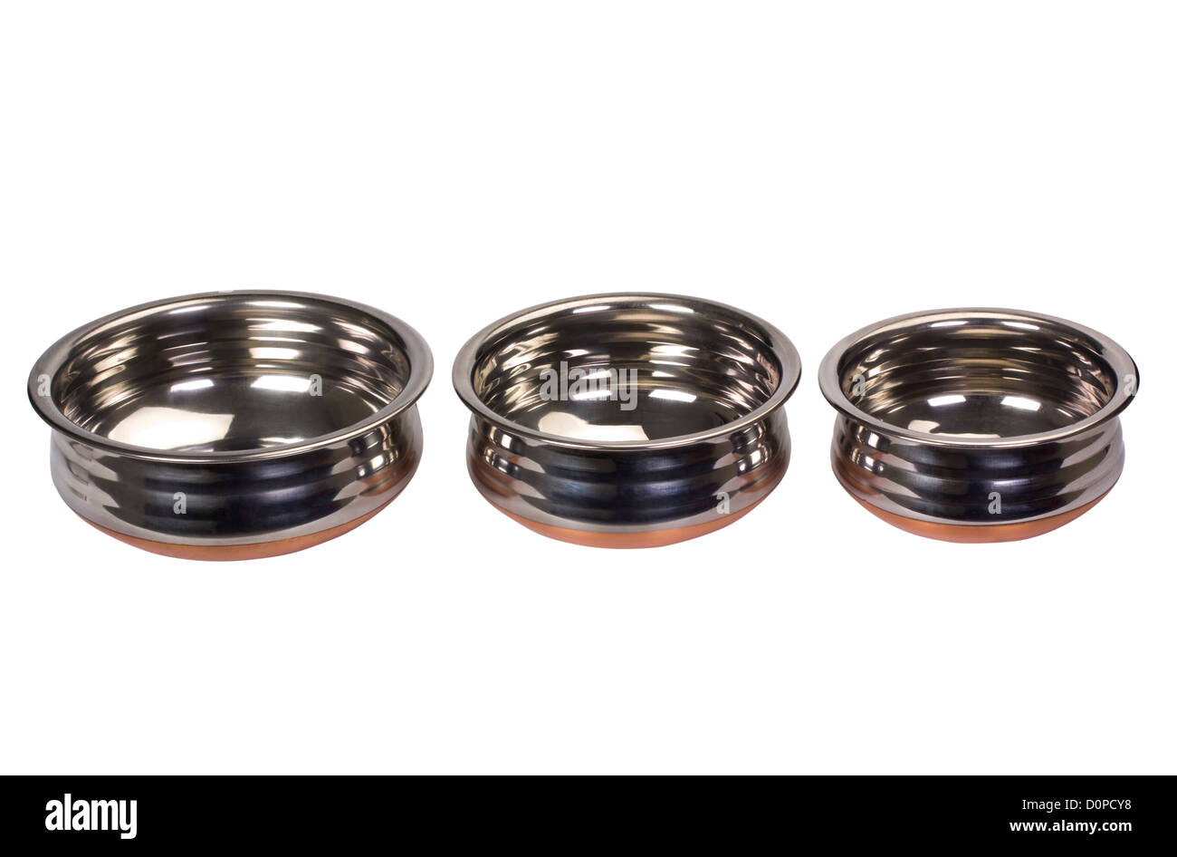 Close-up of three stainless steel cooking pots Stock Photo - Alamy