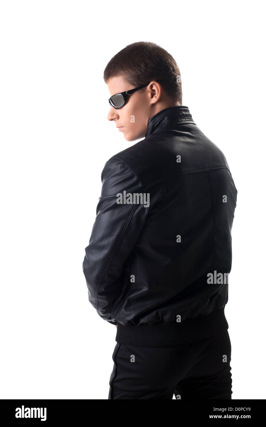 Security in black leather jacket and glasses Stock Photo - Alamy