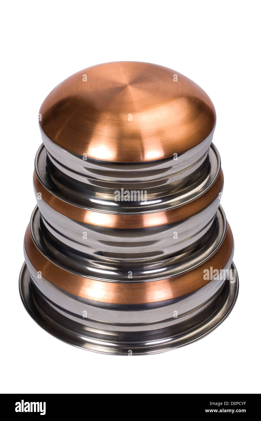 Close-up of a stack of stainless steel cooking pots Stock Photo - Alamy