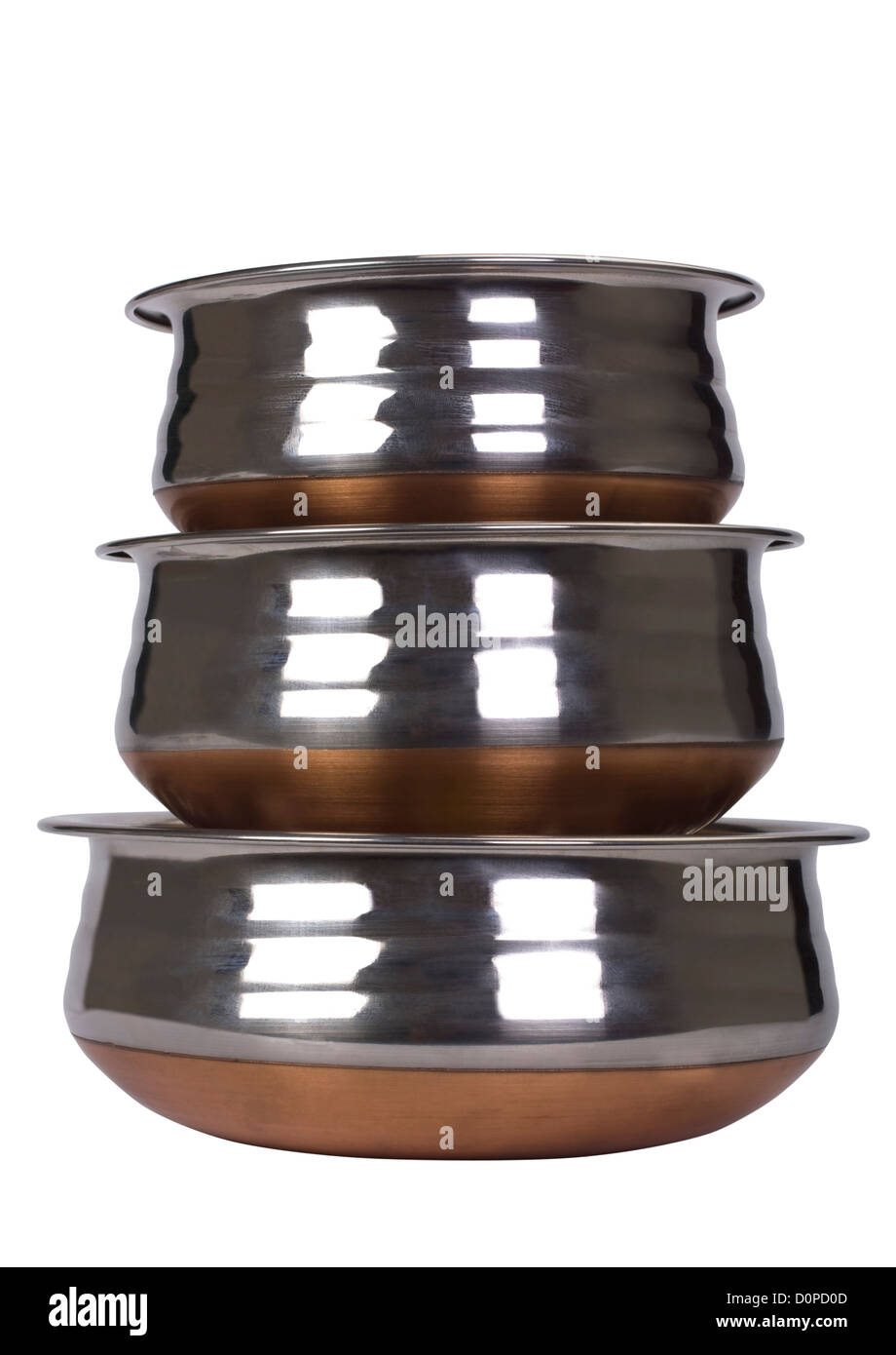 Close-up of a stack of stainless steel cooking pots Stock Photo - Alamy