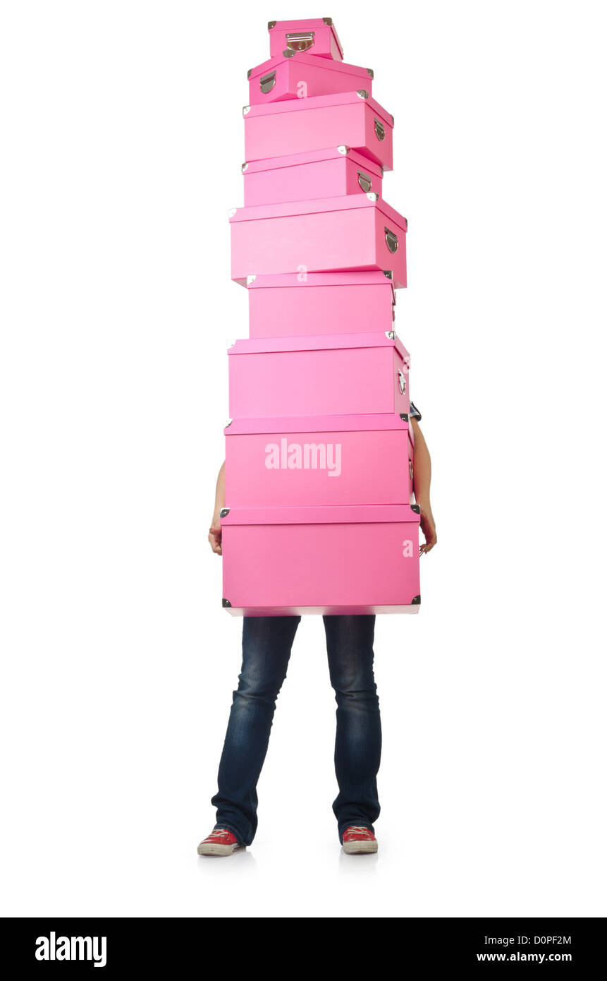 Girl with stack of giftboxes Stock Photo - Alamy
