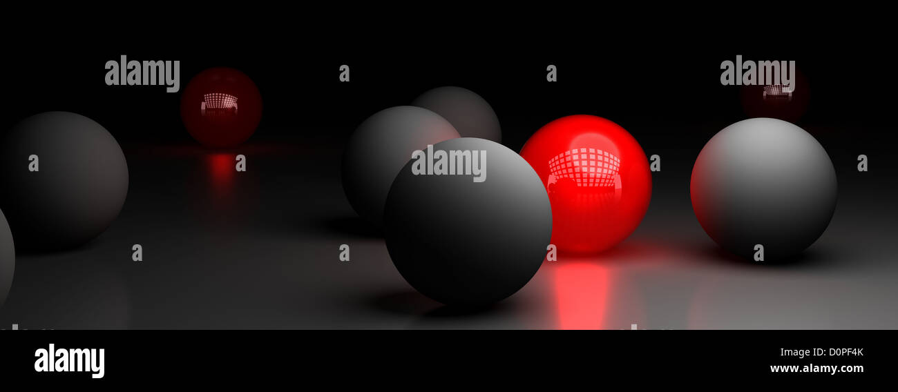 one red ball illuminating many grey spheres over a black background ...