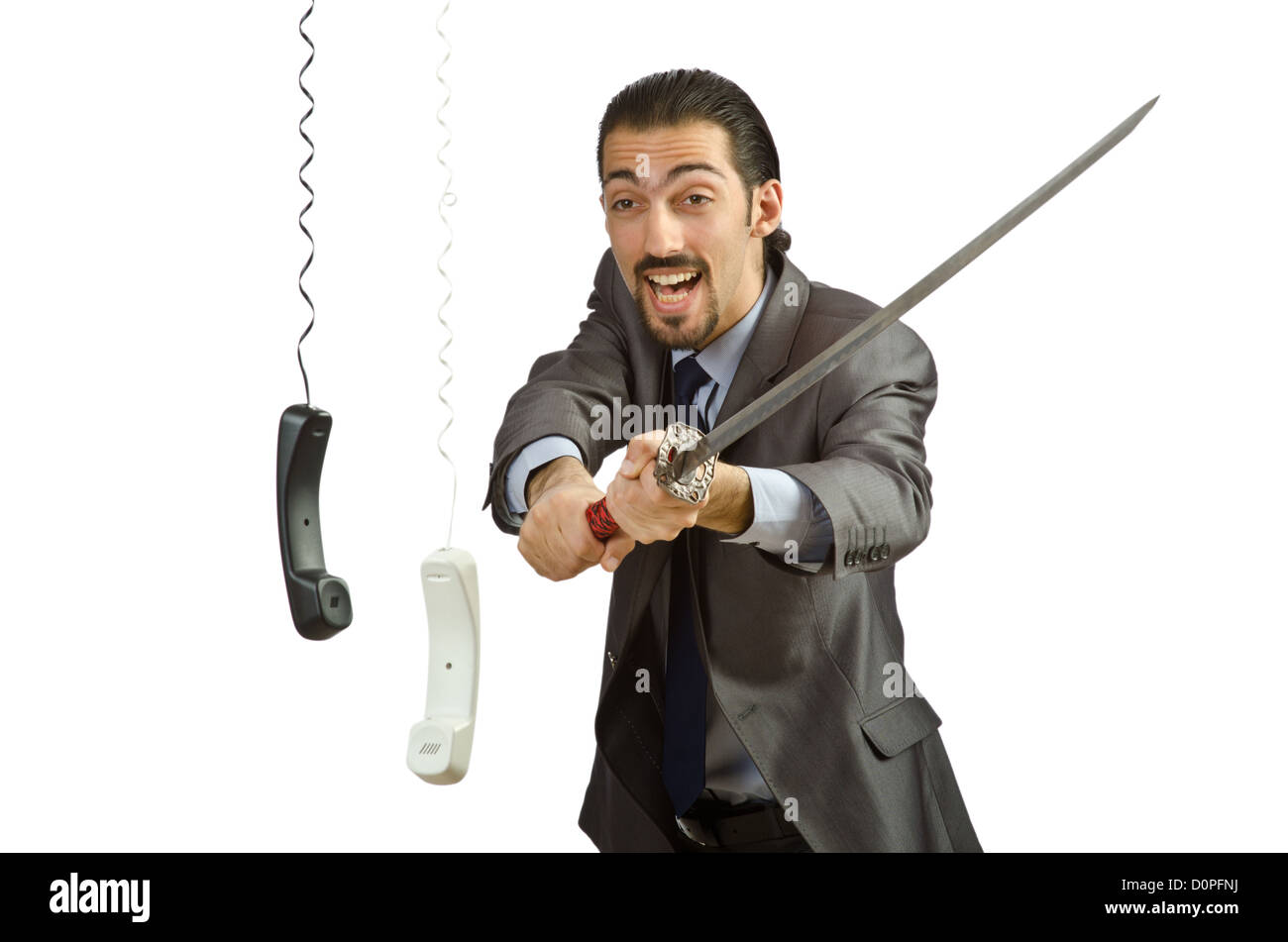 Angry businessman cutting the phone cable Stock Photo - Alamy
