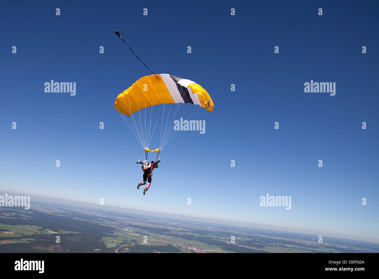 Skydiver under canopy is flying over big forest and is looking out for ...
