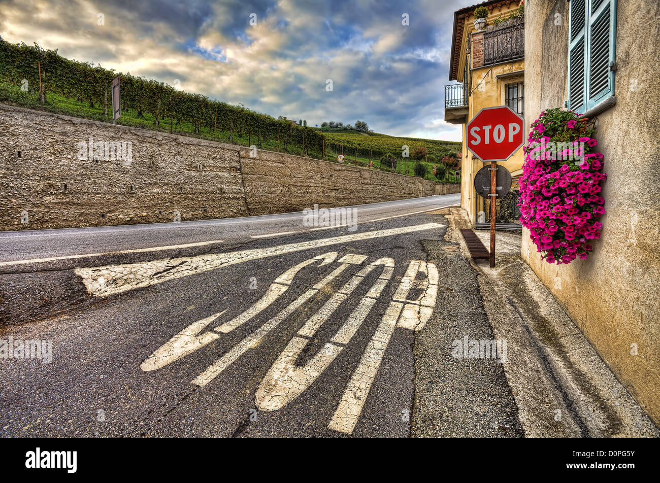 Stop sign on the narrow road among old house and vineyards under cloudy ...