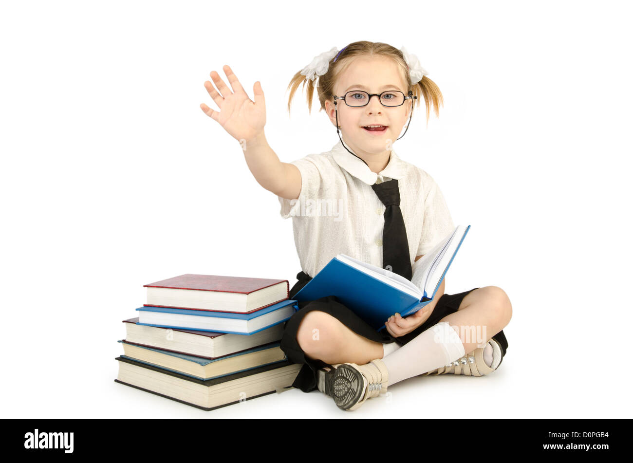 Little girl with books on white Stock Photo - Alamy