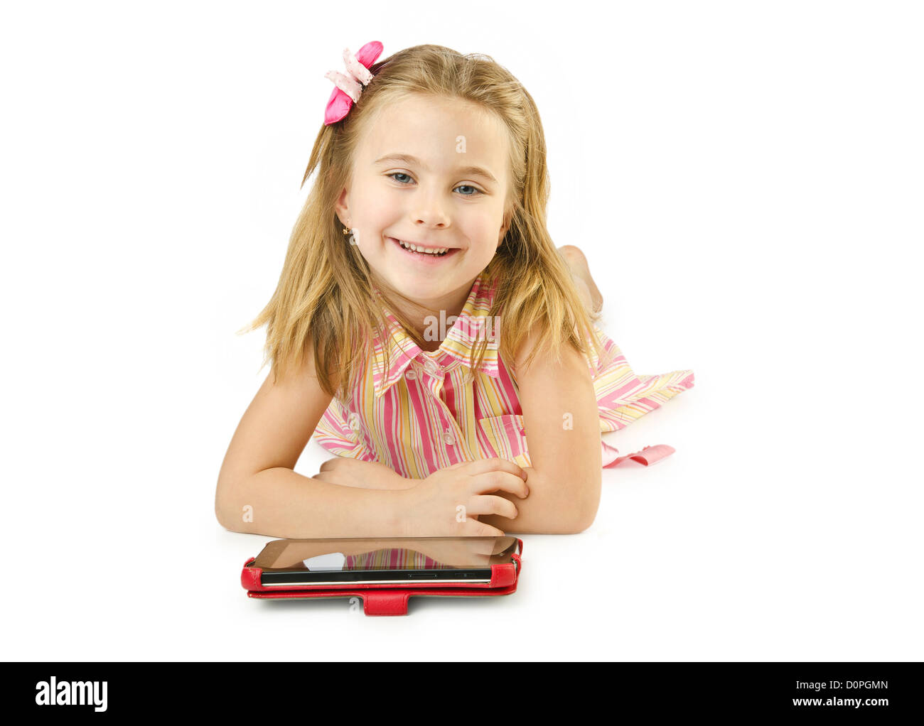 Little girl with tablet on white Stock Photo - Alamy