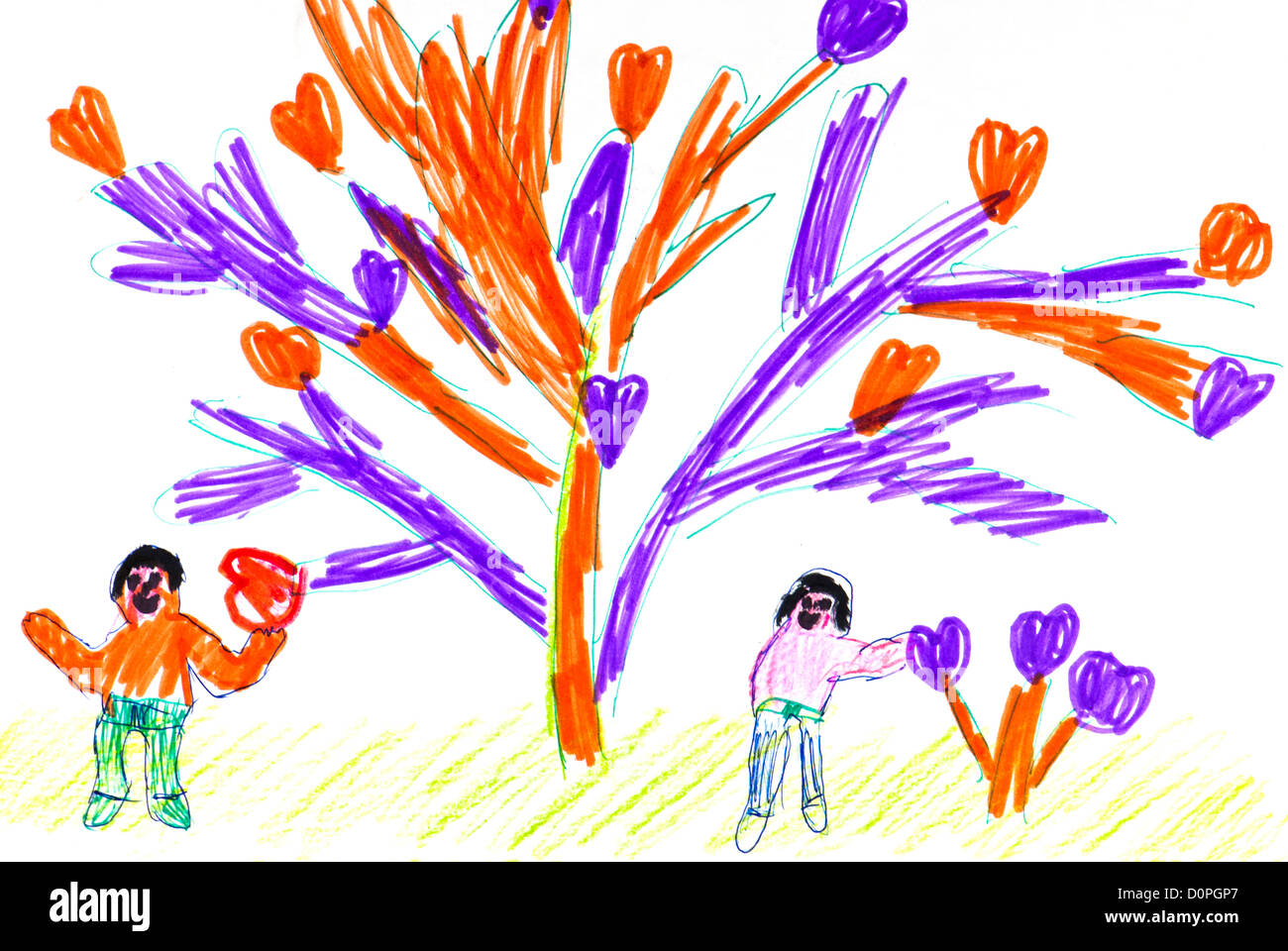 Children drawing. People and tree with hearts Stock Photo - Alamy