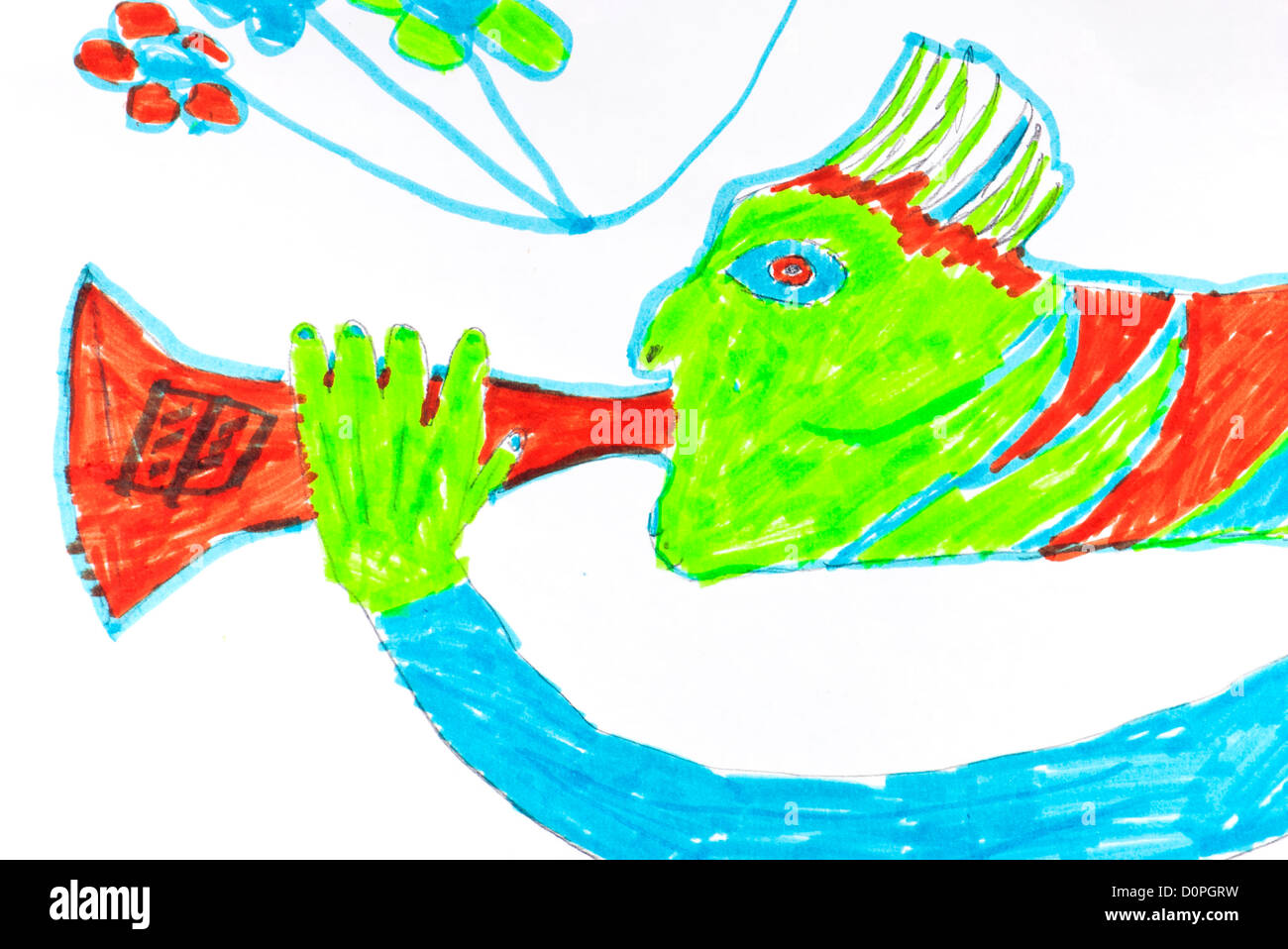 Drawn trumpet. Cheerful child color drawing Stock Photo - Alamy