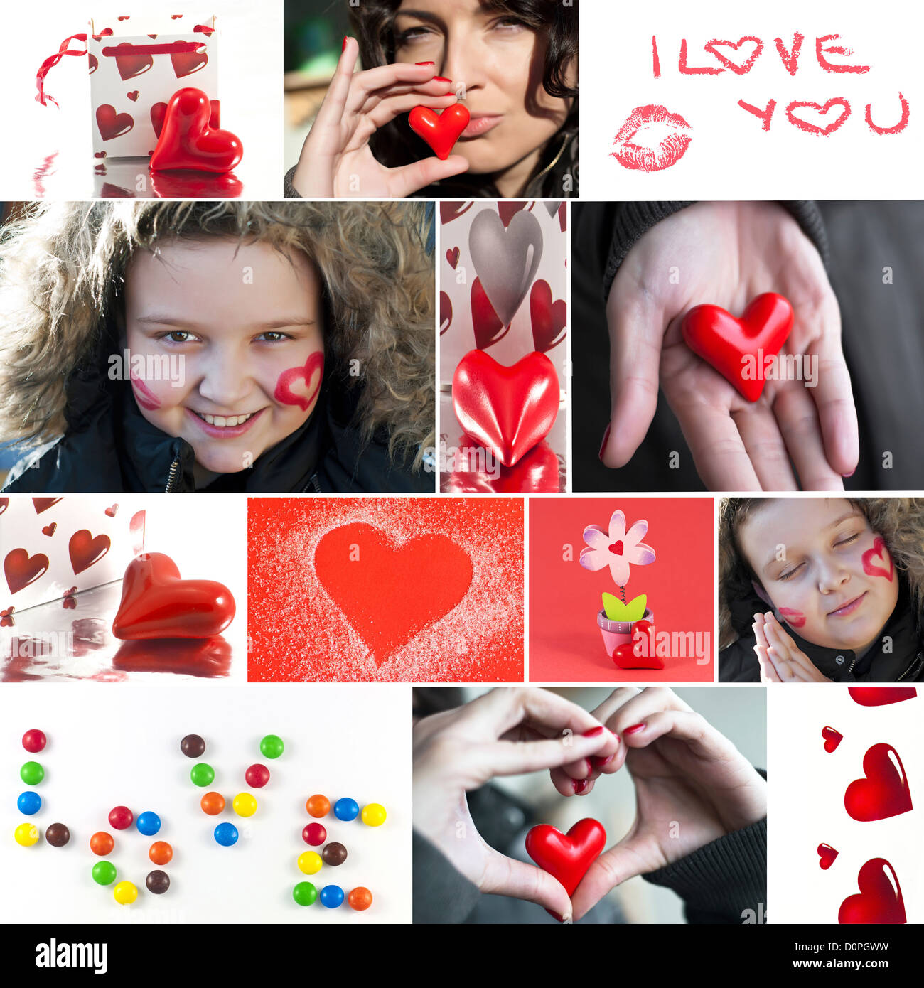 Valentine`s day collage. Heart, candies, flower, lips, beautiful woman ...