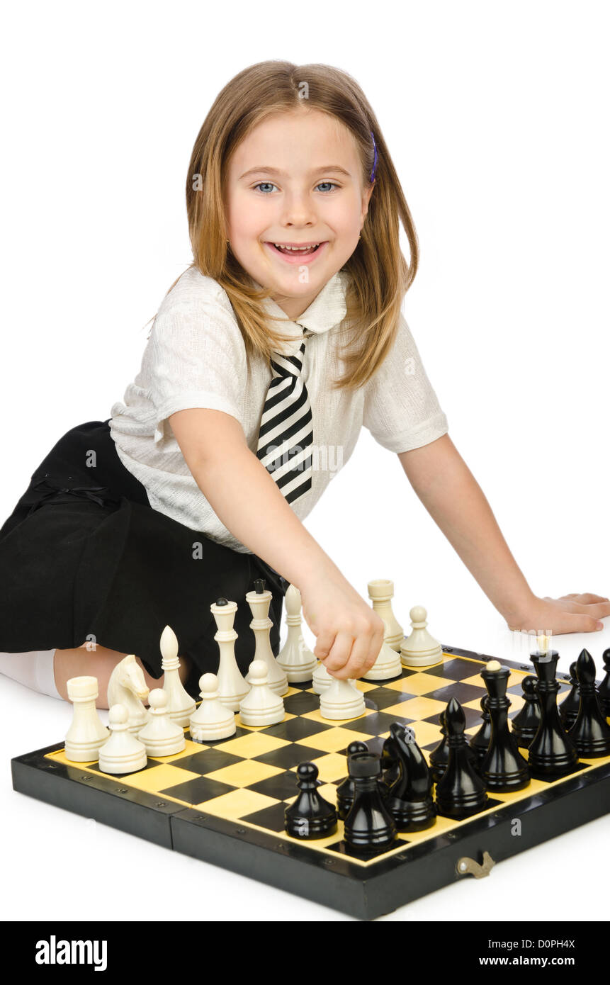 Cute girl playing chess on white Stock Photo - Alamy