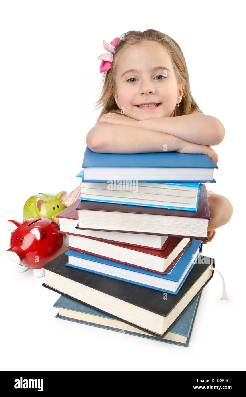 Little girl with books on white Stock Photo - Alamy