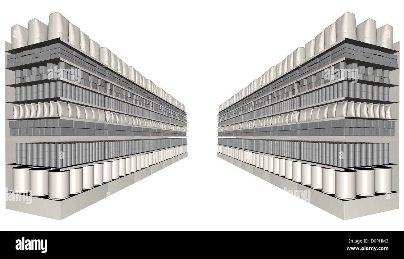 A perspective view of sixteen sections of a supermarket aisle with ...