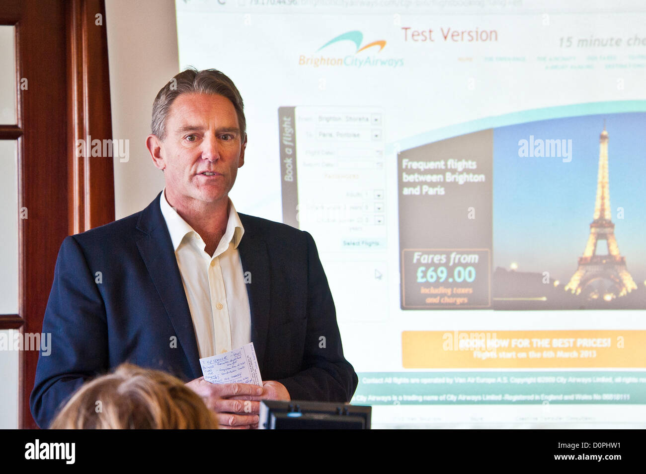 Neil Laughton, cofounder of Brighton City Airways, announcing the new ...