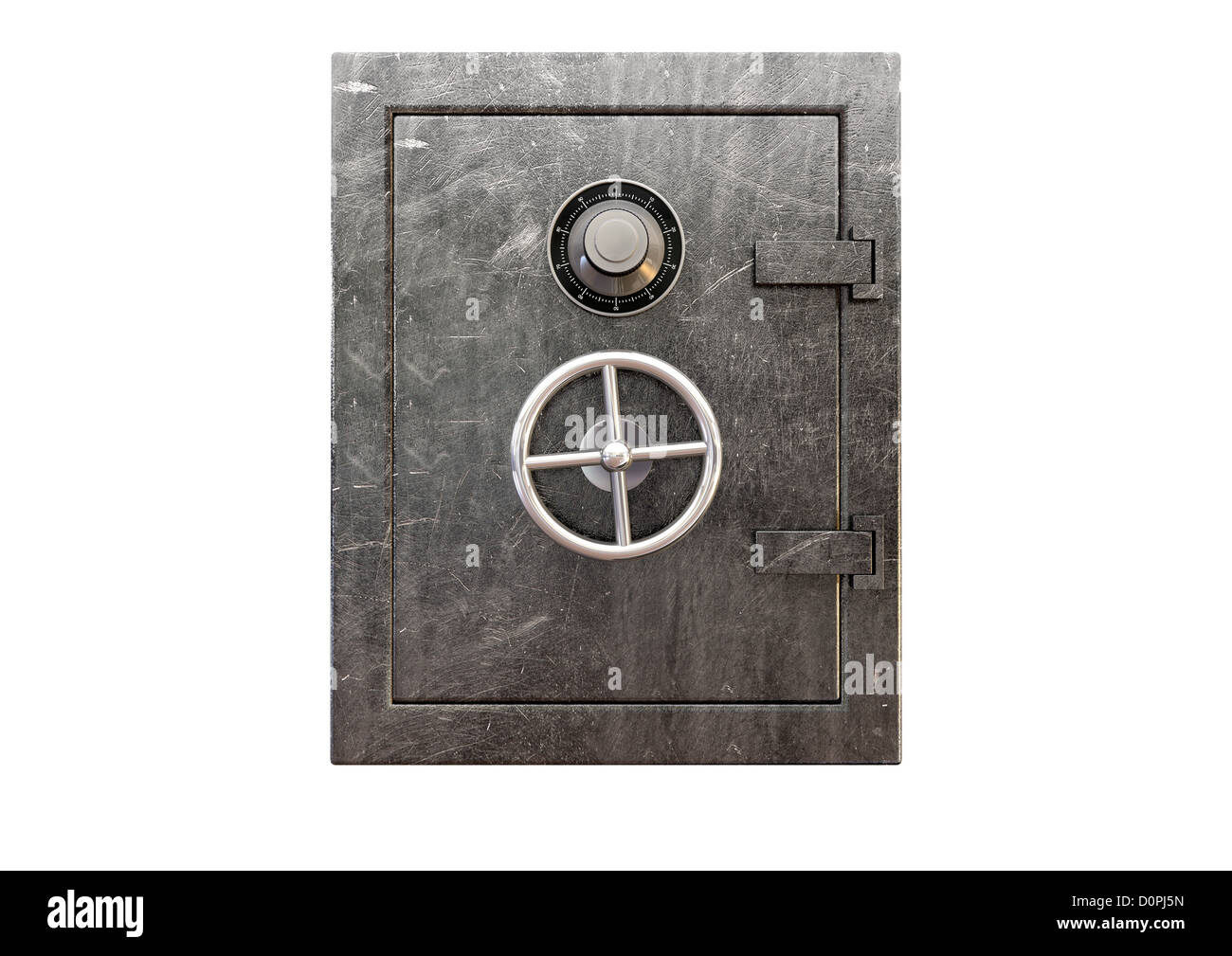 A regular metal safe with a combination dial and a handle on an ...