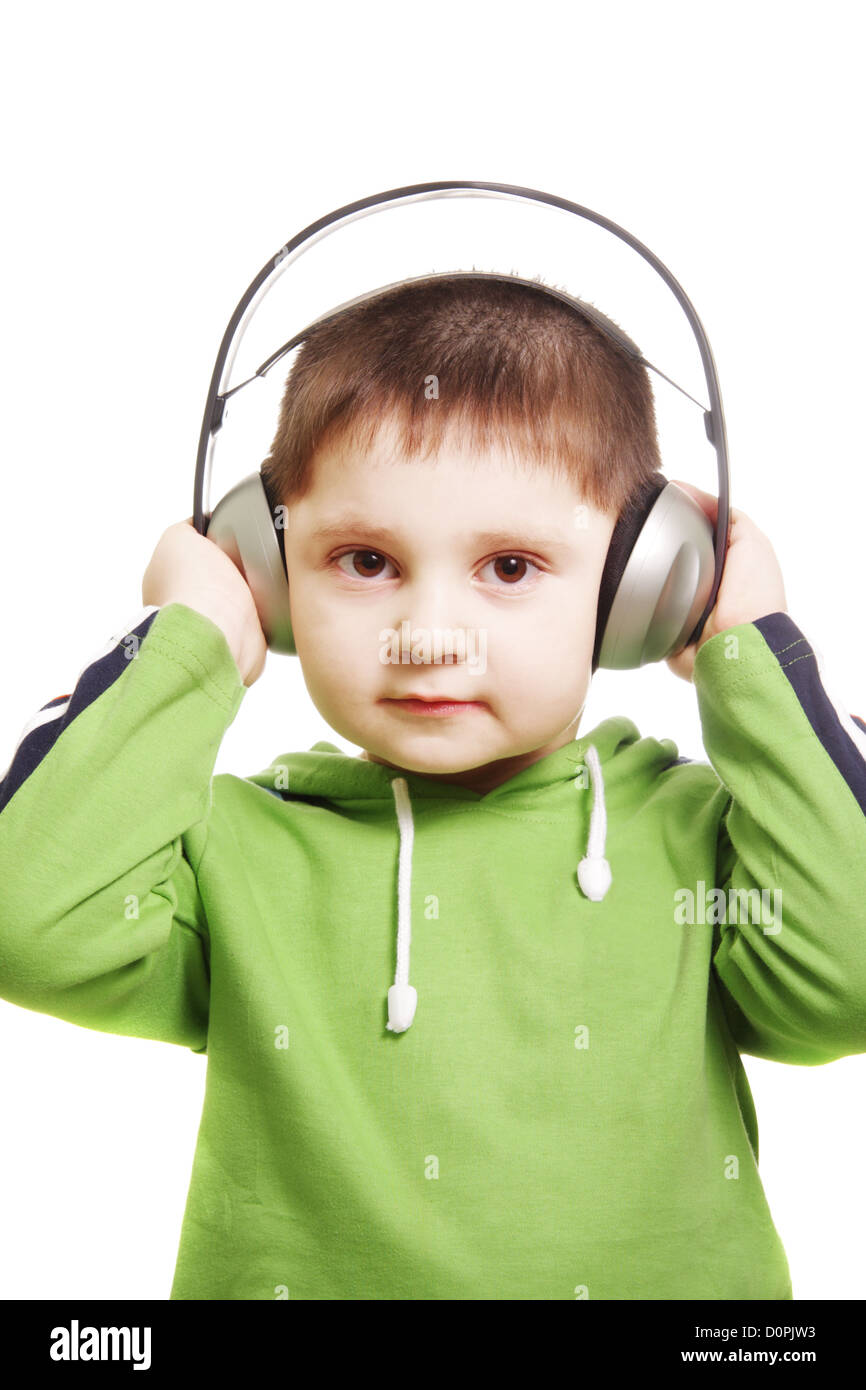 Serious kid with headphones Stock Photo - Alamy