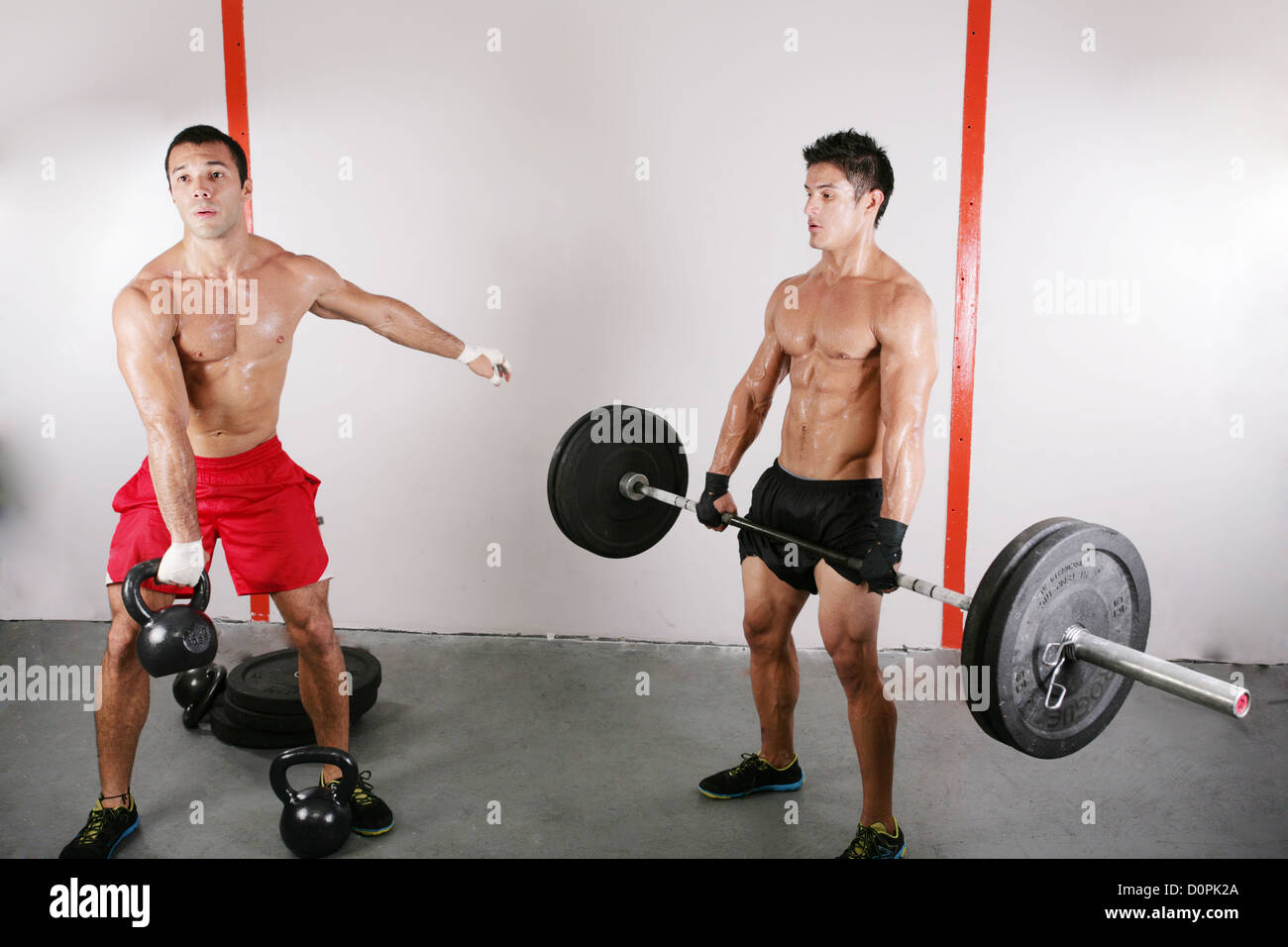 group with dumbbell weight and kettlebell training equipment on sport ...