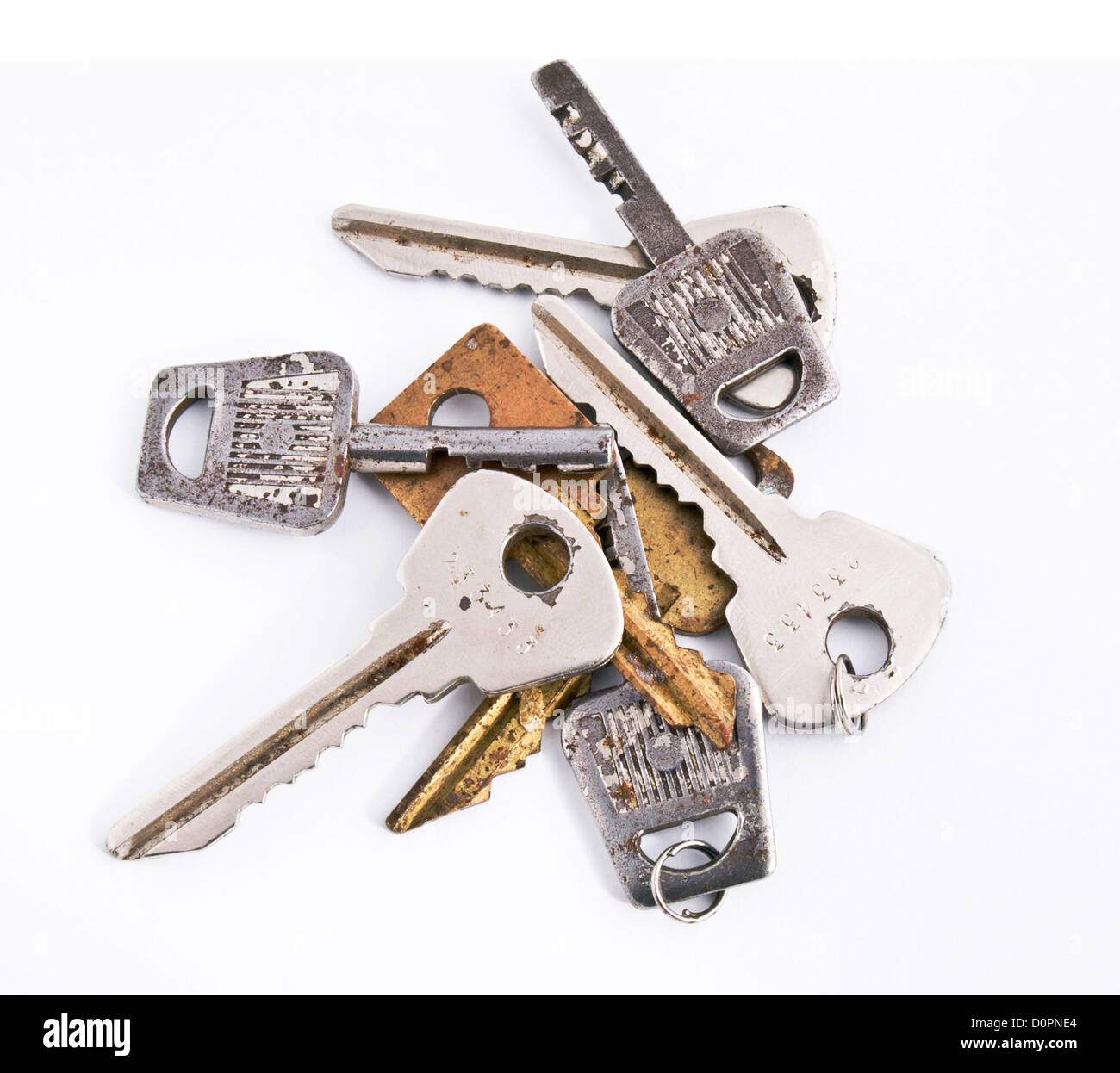 Old rusty keys isolated on white background. Top view Stock Photo - Alamy