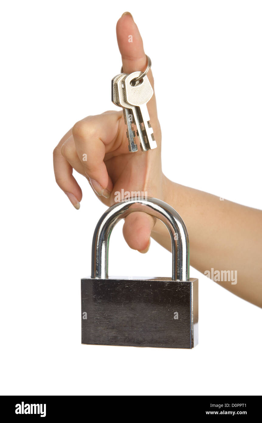 Hand with padlock isolated on white Stock Photo - Alamy