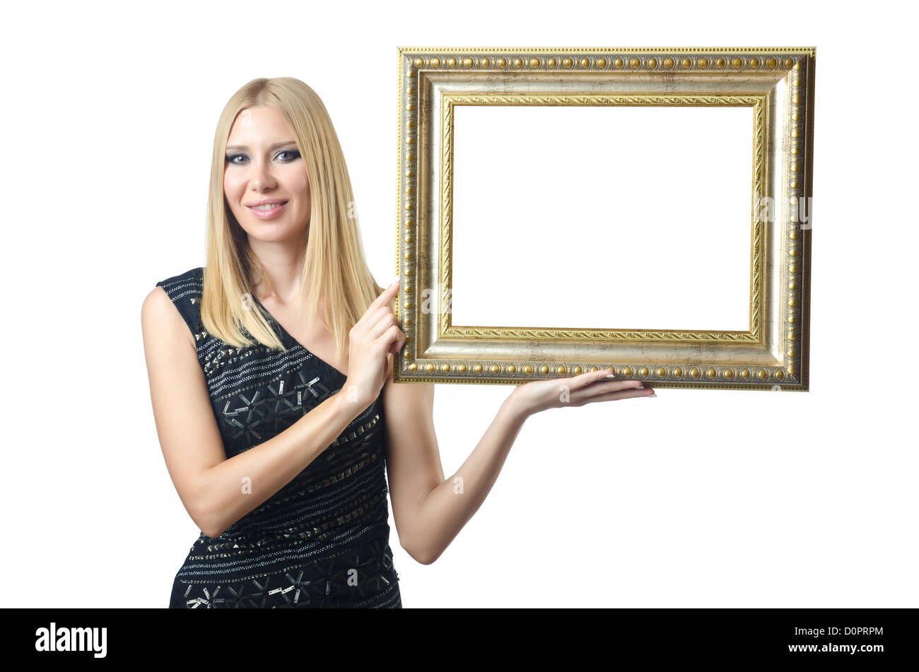 Woman holding picture frame on white Stock Photo - Alamy