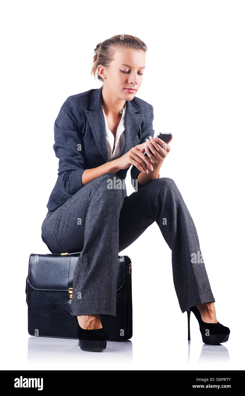 Young woman with briefcase on white Stock Photo - Alamy