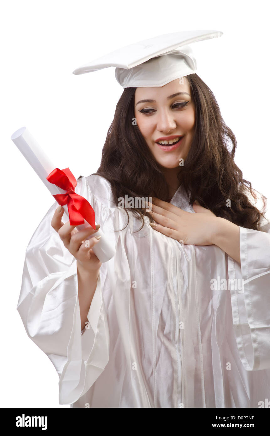 Happy student celebrating graduation on white Stock Photo - Alamy