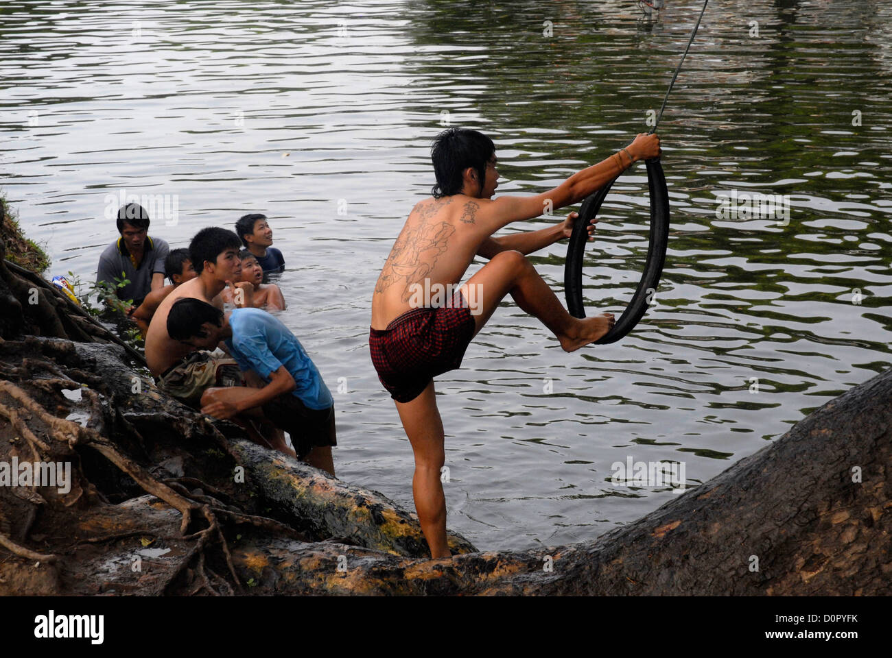 Young, People, Playing, Water, Channel, Maot, Chiang Mai, Thailand ...