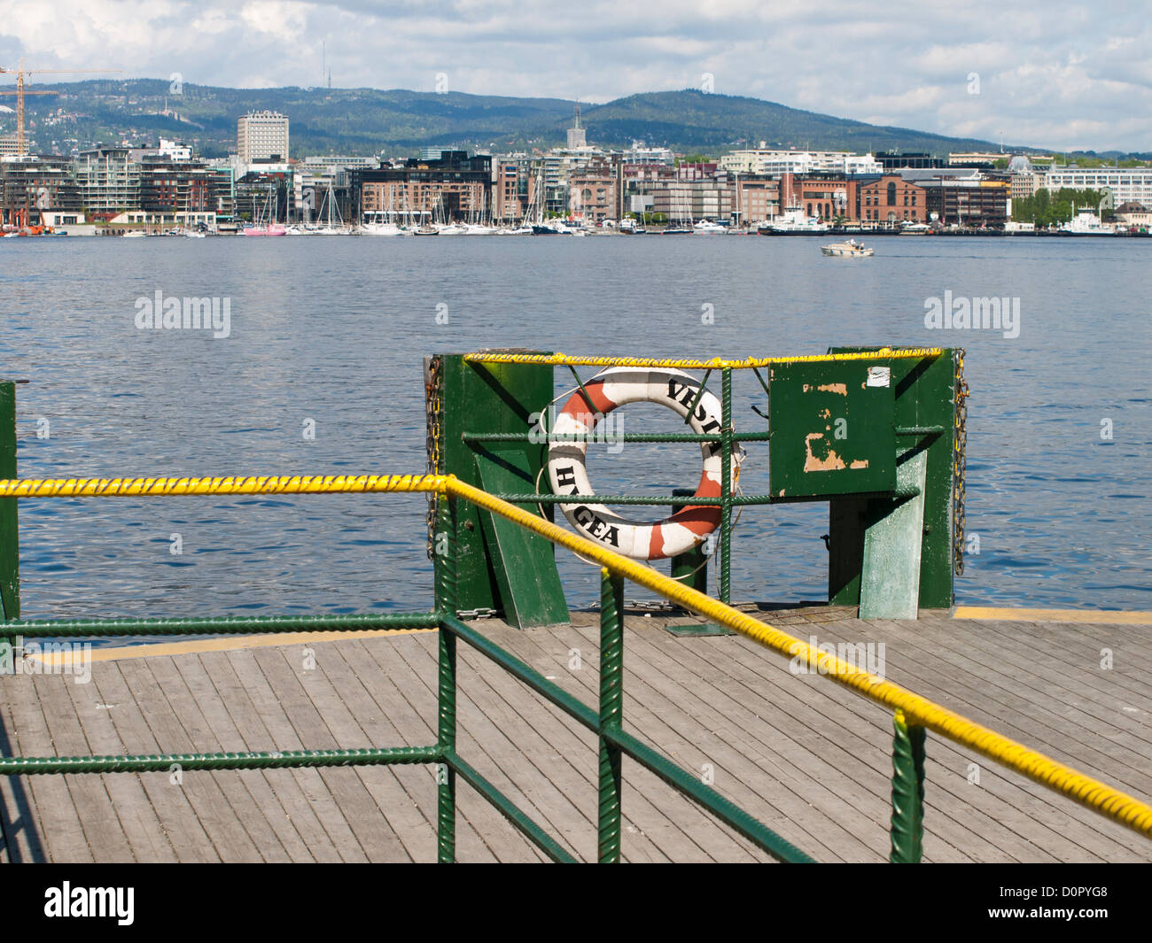 Oslo Norway skyline with the fjord i front, from the pier at Hovedøya ...