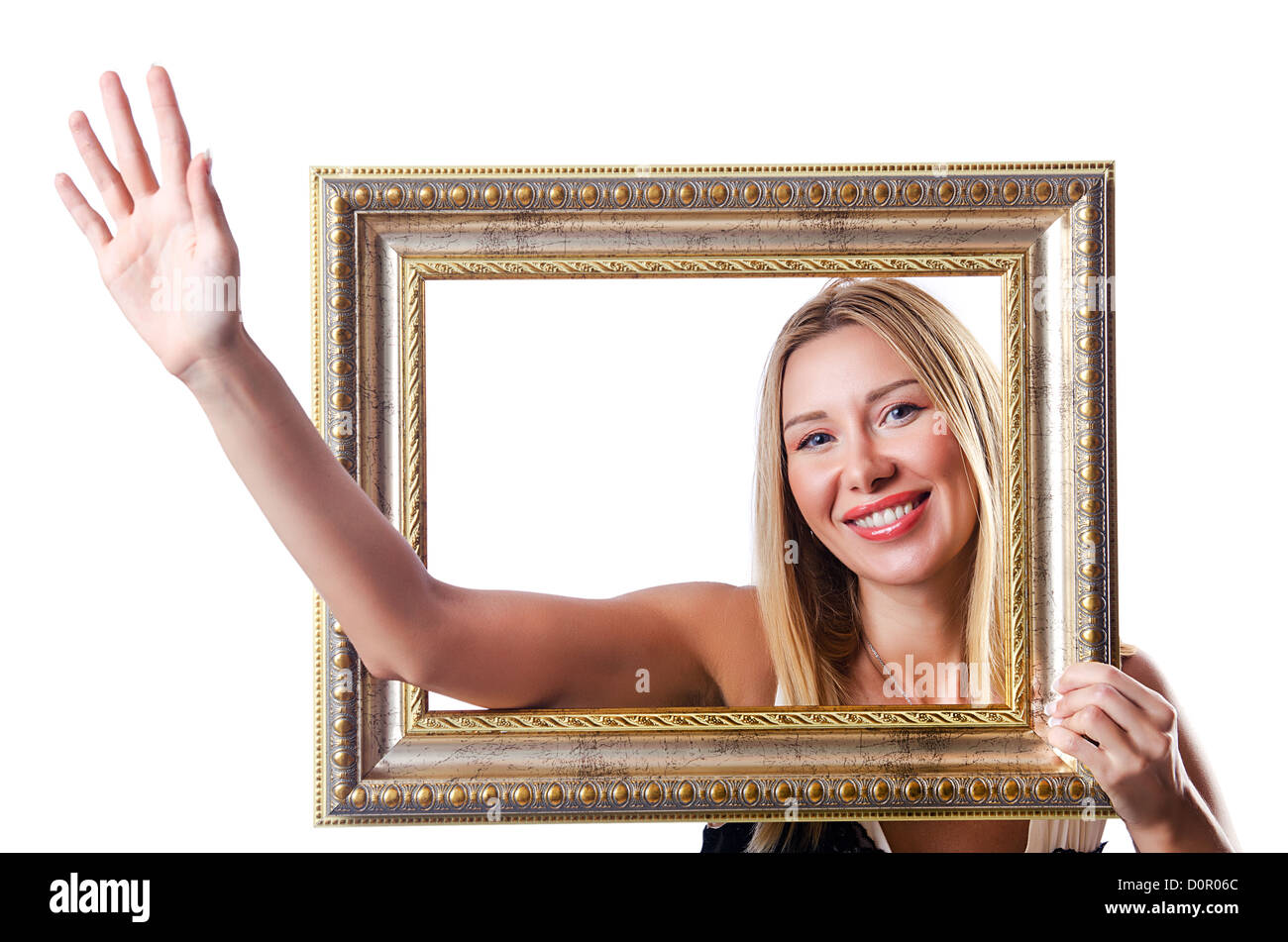 Woman with picture frames on white Stock Photo - Alamy