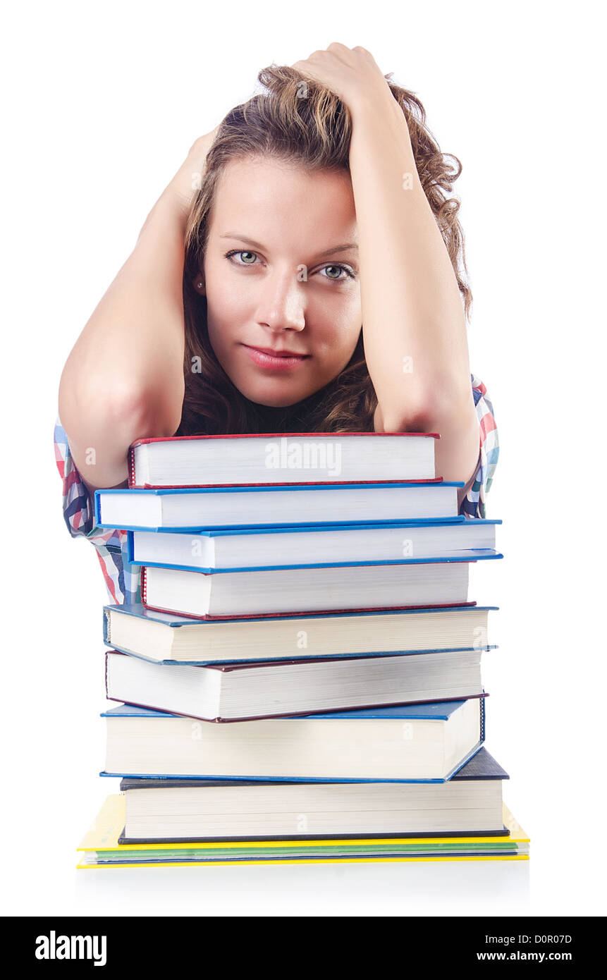 Student with lots of books on white Stock Photo - Alamy